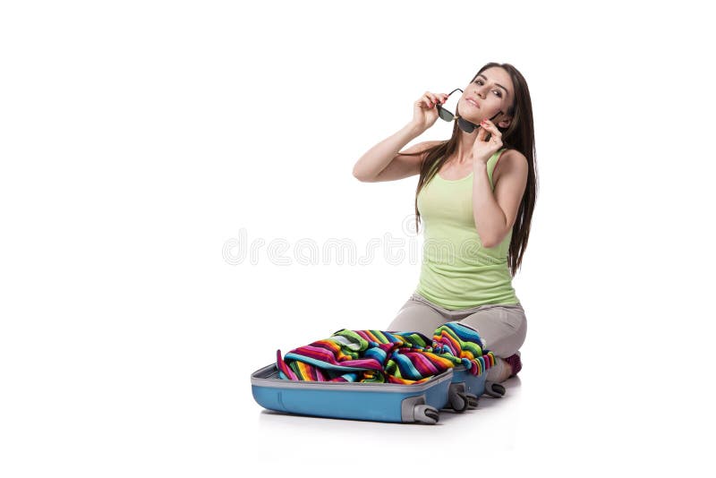 The Woman Packing Preparing for Summer Vacation Isolated on White Stock ...