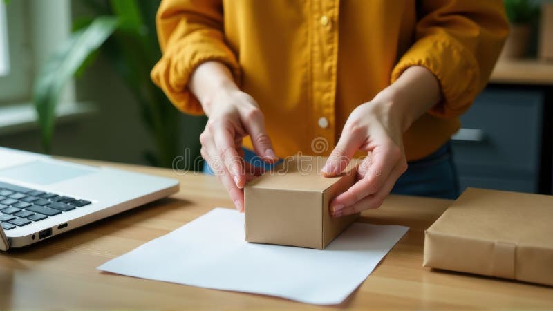 Woman Packing a Small Cardboard Box for Shipping Stock Illustration ...