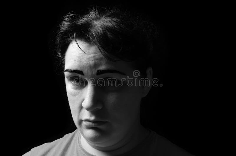 Woman with Painted Eyebrows with a Sad Face Black and White Stock Image ...