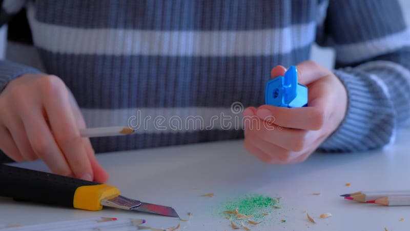 Woman Painter Sharpening Pencil Using Sharpener and Sharp Knife, Hands ...