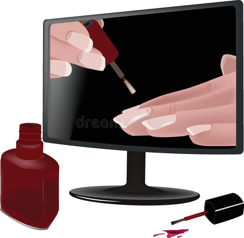 Woman Painting Her Nails Watching Online Tutorial on Computer Stock ...