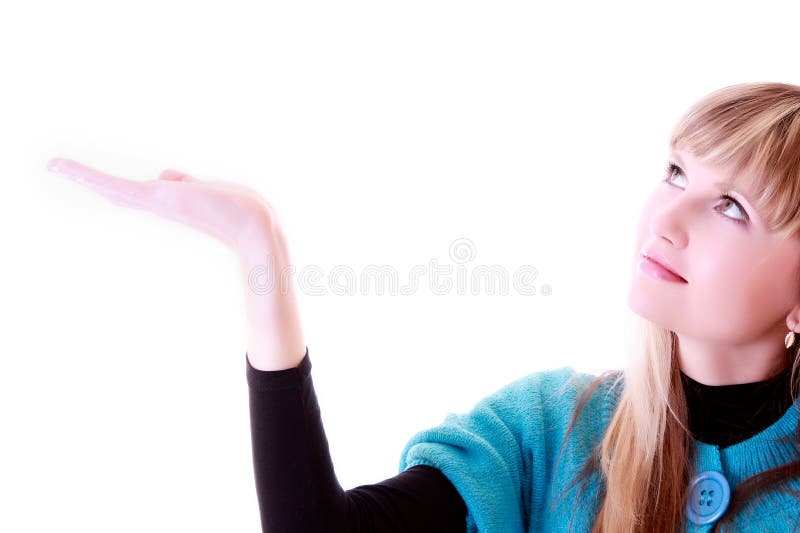 Woman with palm up stock image. Image of face, isolated - 11730731