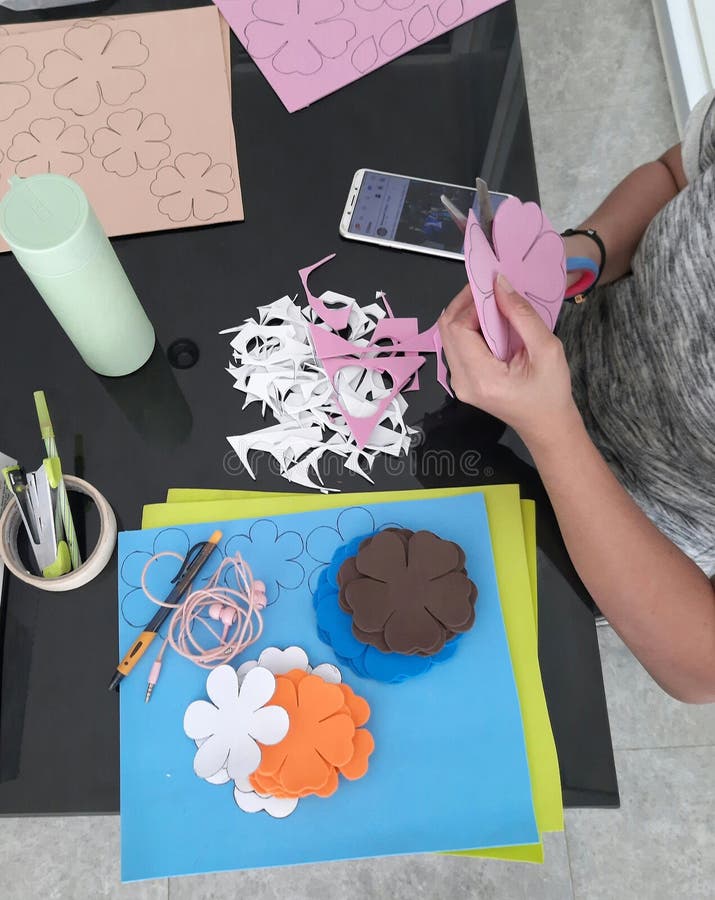 Woman with paper crafts stock photo. Image of kindergarten - 296607448