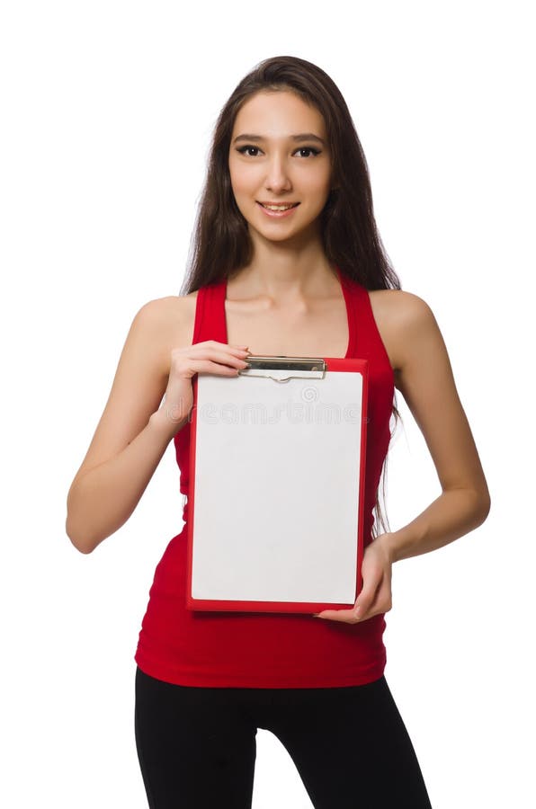 The Woman with Paper Pad Isolated on White Stock Photo - Image of ...