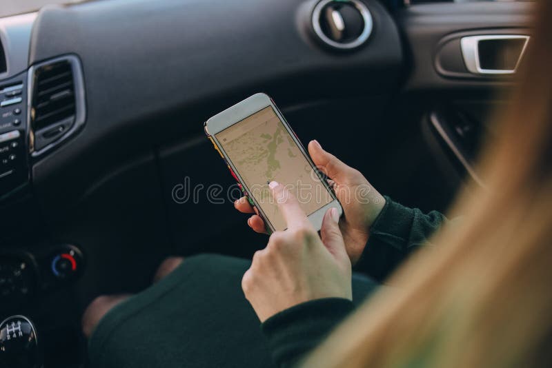 Woman Passenger Car Map Smartphone Prepares Route Stock Image - Image ...