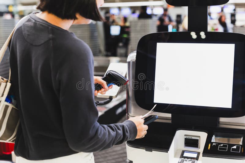 Woman Passenger Self Check in Scanning Qr Code Boarding Pass at Airport ...