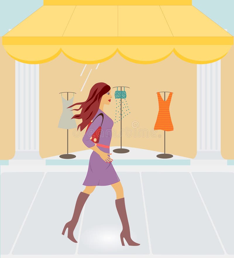 Woman passing by store stock vector. Illustration of drawing - 13620460