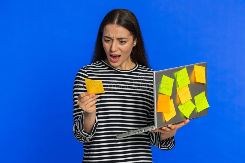 Woman with Pasted Sticker Notes Use Laptop Having Concentration Problem ...