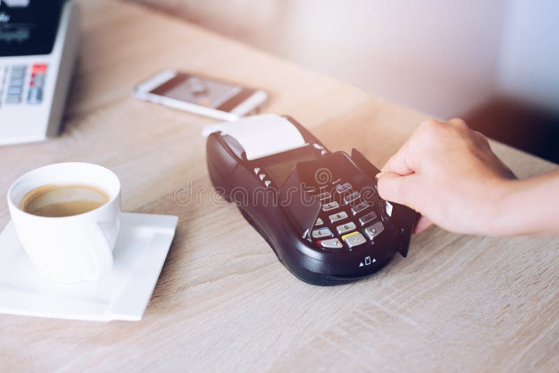 Woman Paying with Credit Card in Cafe Stock Image - Image of credit ...