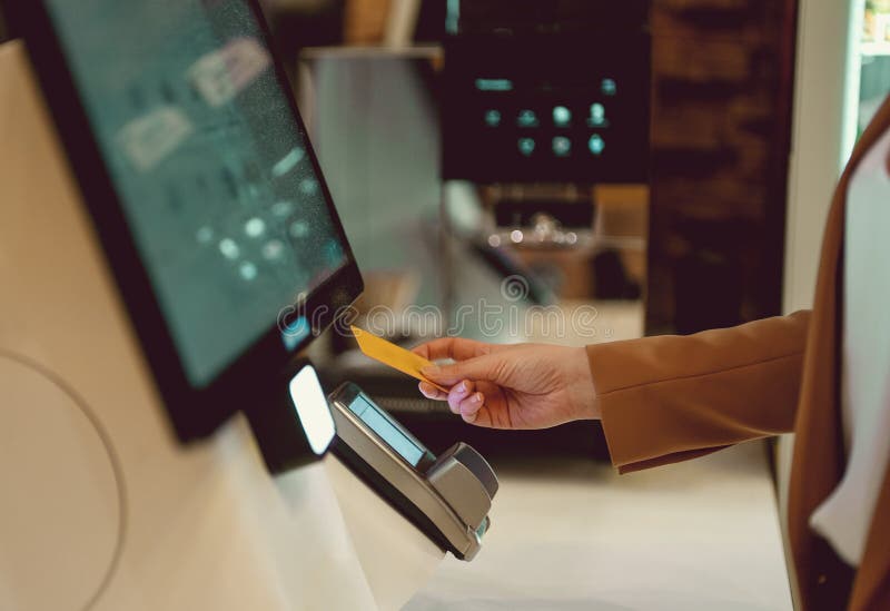 Woman Pays at Self-checkouts Stock Image - Image of fast, machine ...