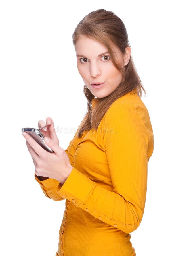 Woman Unhappy Annoyed By Someone On Her Cell Phone While Texting Stock