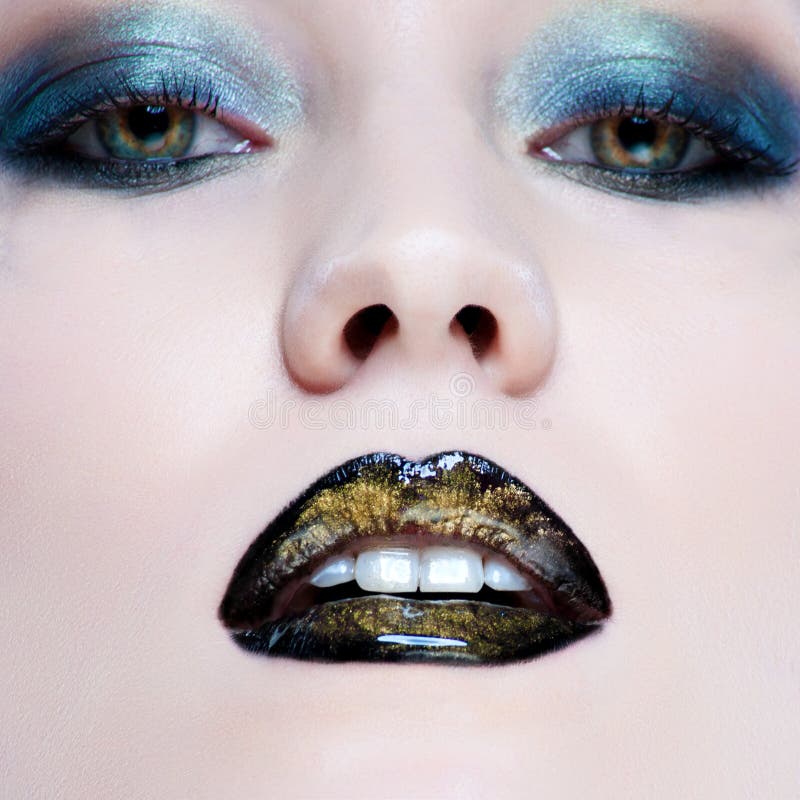 Woman with Pearl Glamour Make-up and Black Lips Stock Image - Image of ...
