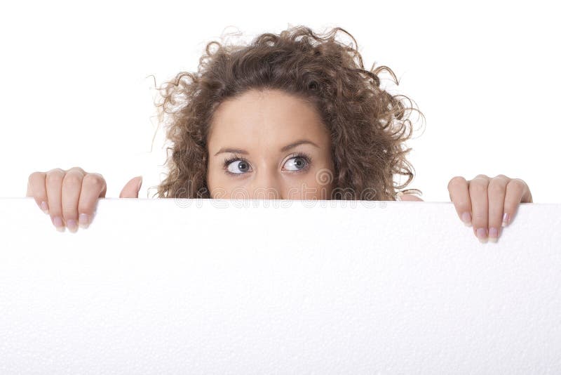 Banner Sign Woman Peeking Over Edge Stock Image - Image of display ...