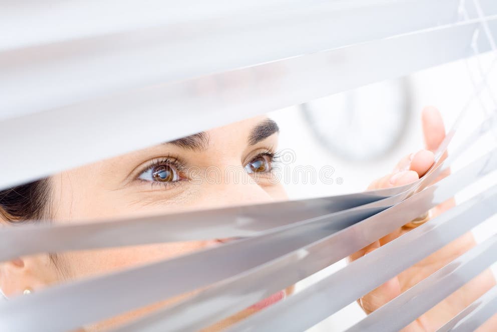 Woman Peeping Though Window Stock Image - Image of peeking, happiness ...
