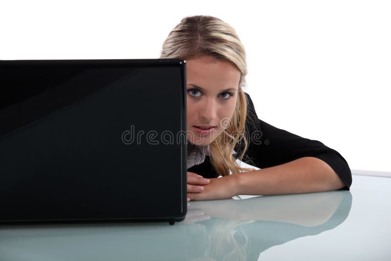 Woman Peering from Behind Laptop Stock Image - Image of laptop ...