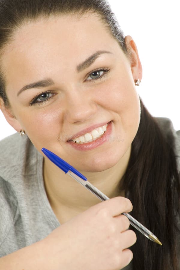 Woman with a pen stock photo. Image of smile, woman, portrait - 18766776