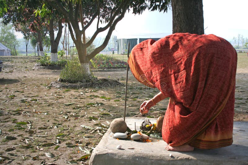 Woman Performs Traditional Morning Worship Ritual in Courtyard Stock ...