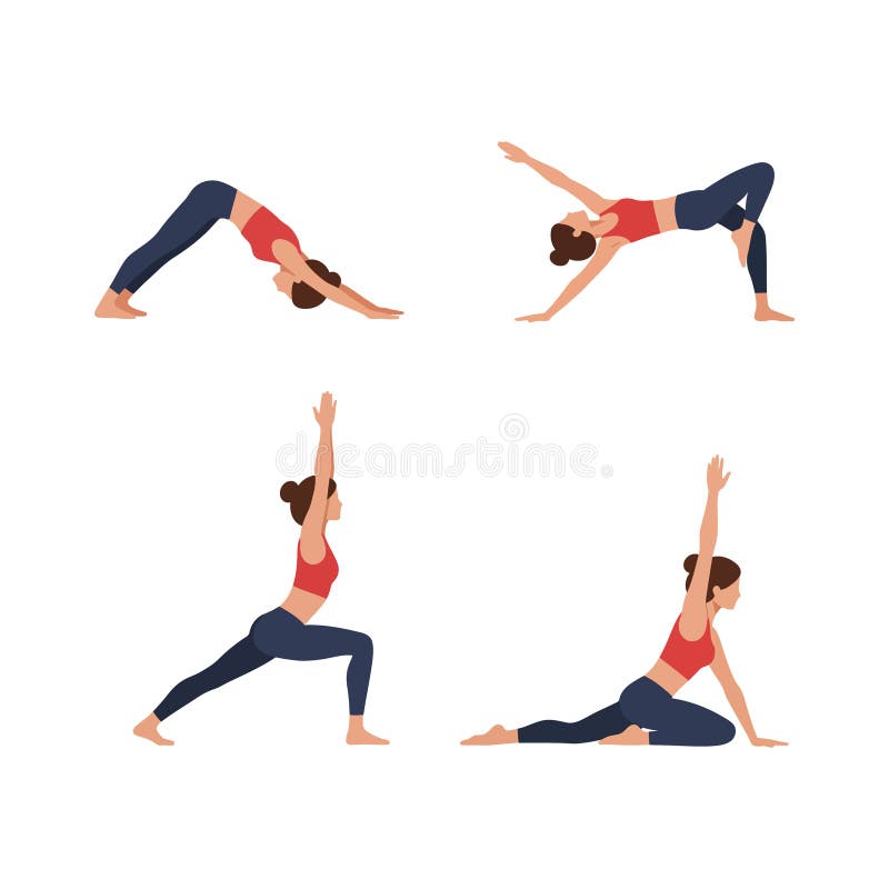 Four Yoga Poses by a Woman in Flat Design Showcasing Flexibility and ...