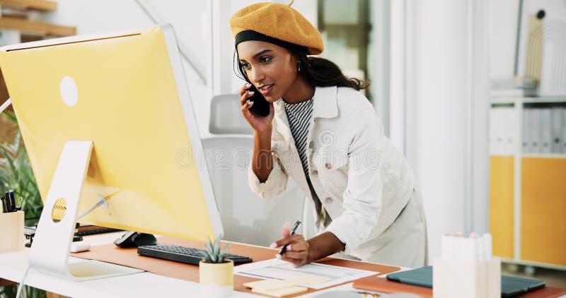 Woman, Phone Call and Computer with Notes in Office for Discussion ...