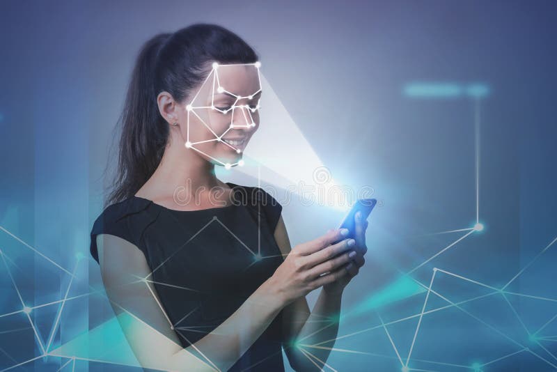 Woman with Phone, Face Recognition Technology Stock Image - Image of ...