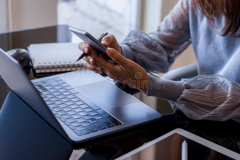 Woman Using Mobile Phone, Work on Computer. Stock Image - Image of ...
