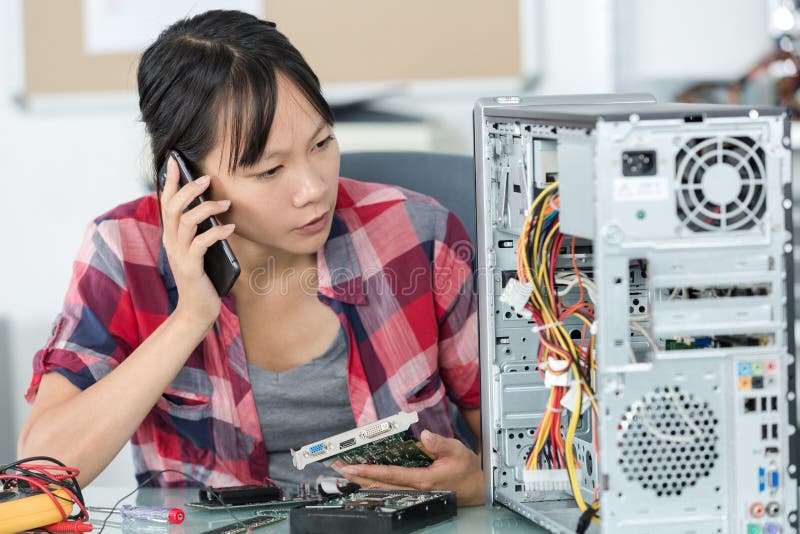 Woman on Phone Looking Broken Pc Stock Image - Image of satisfied, hand ...