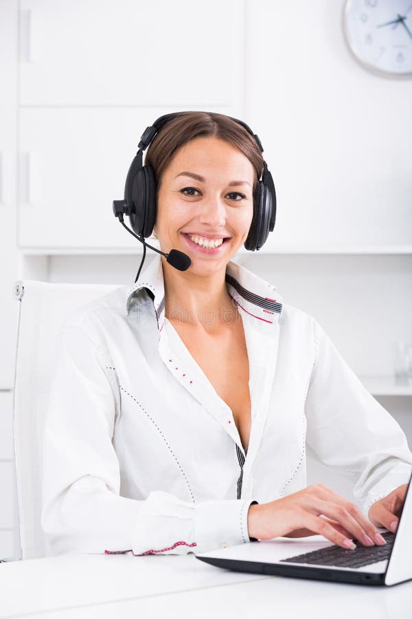 Woman phone operator stock photo. Image of indoors, microphone - 77409934