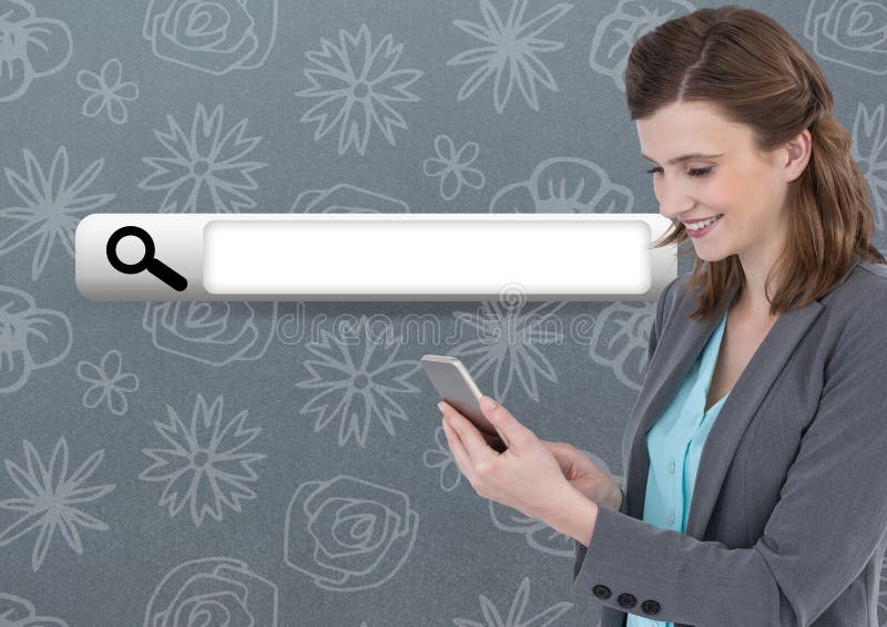 Woman on Phone with Search Bar with Pattern Background Stock ...