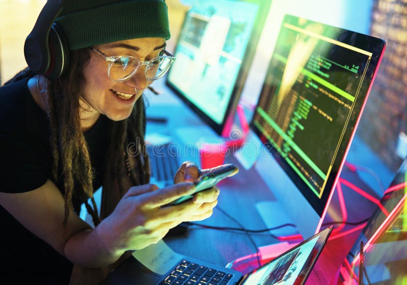 Coding Hacker Woman Programmer And Computer Work For Cybersecurity Programming And Big Data