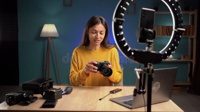 Woman Photographer Streaming Mirrorless Camera Tips Stock Footage - Video of creative, studio ...