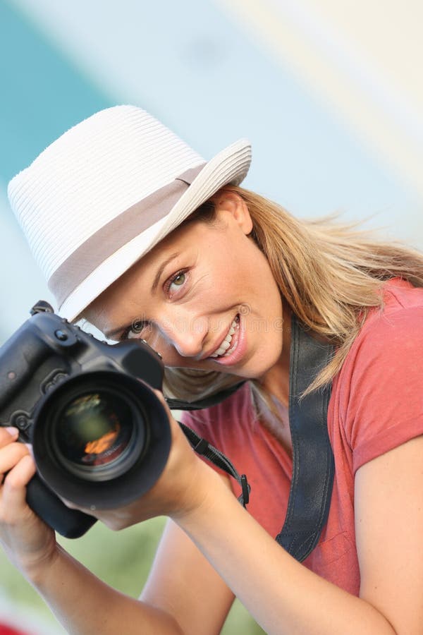 Woman Photographer with a Camera at Work Stock Image - Image of outside ...