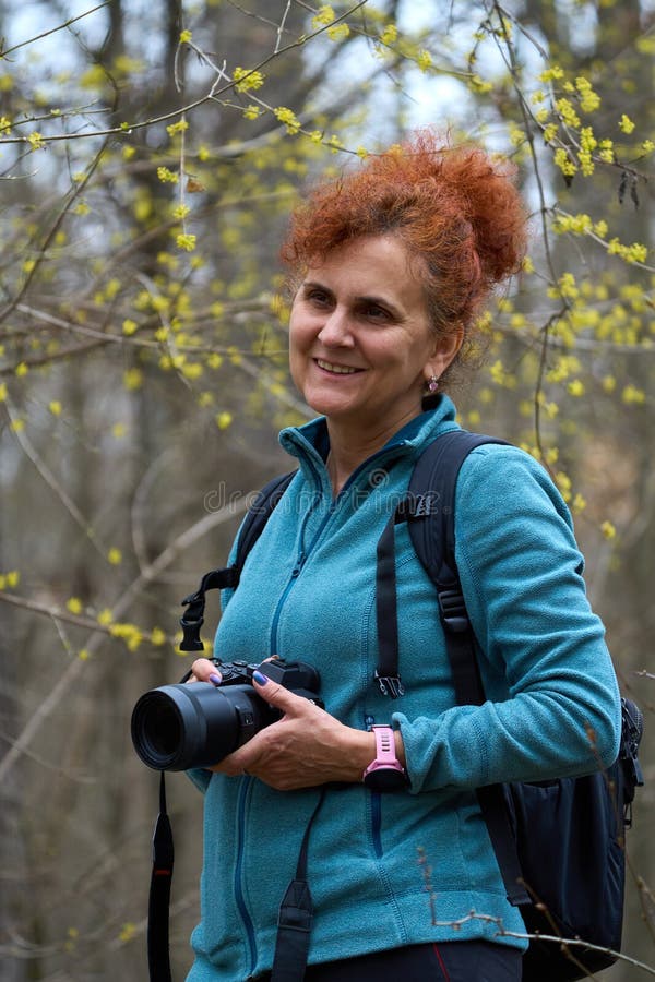 Woman Photographer in Spring Forest Stock Image - Image of hiking, wild ...