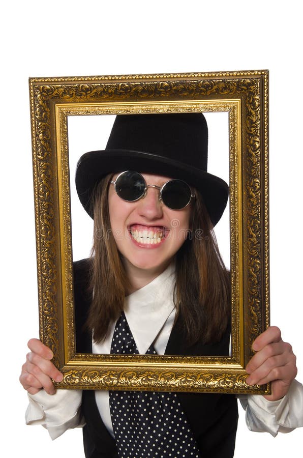 The Woman with Picture Frame Isolated on White Stock Photo - Image of ...