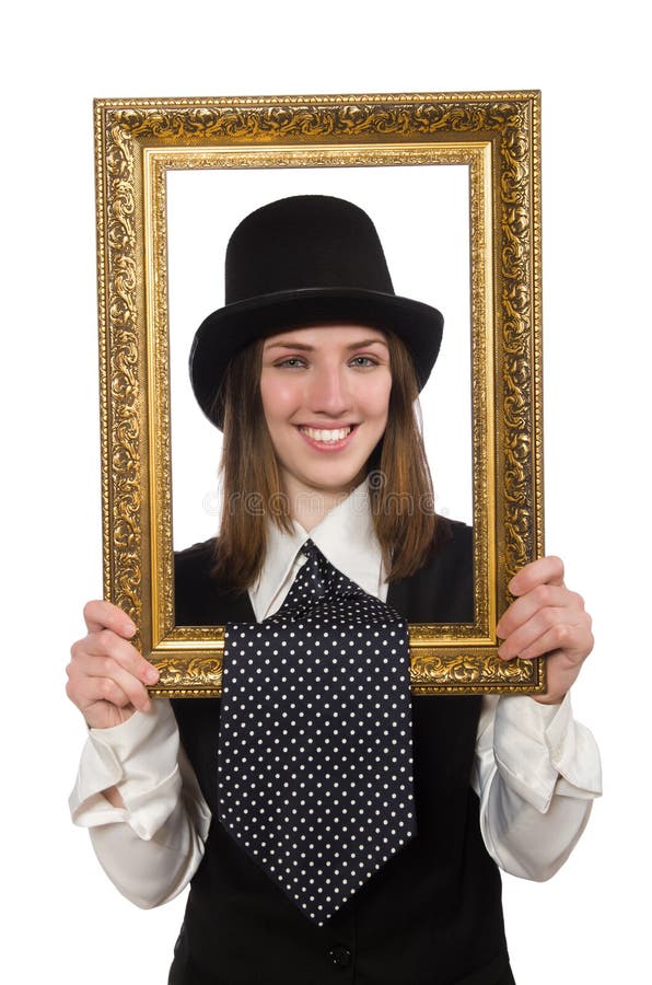 The Woman with Picture Frame Isolated on White Stock Photo - Image of ...