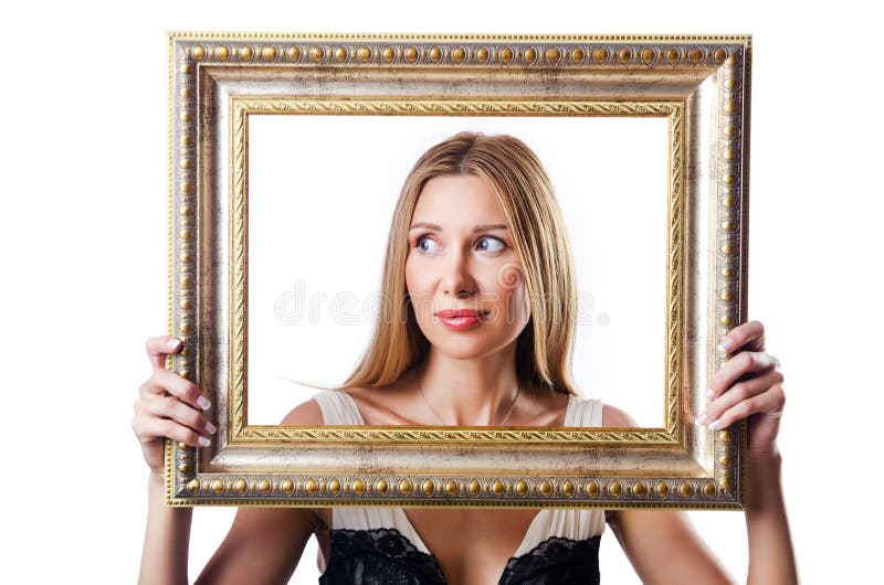 Woman with picture frames stock photo. Image of looking - 27512834