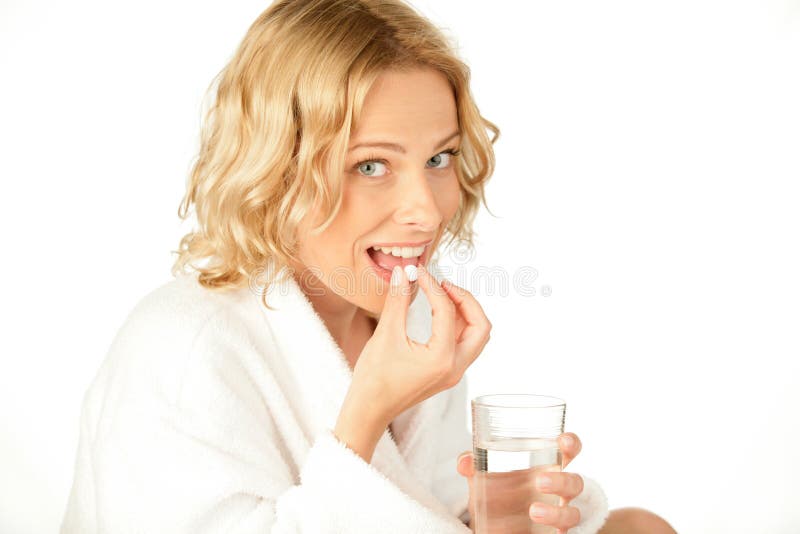 Woman With Headache Hand Take Pill Medicine Tablet Stock Image Image