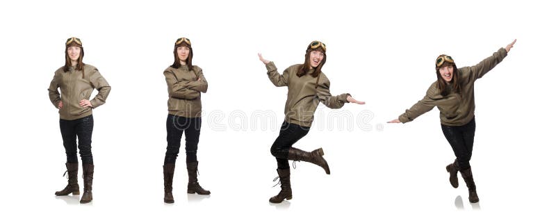 The Woman Pilot Isolated on the White Stock Image - Image of collage ...