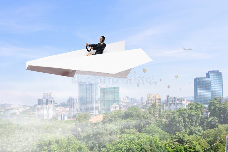 Woman Pilot in Paper Plane. Mixed Media Stock Photo - Image of happy ...