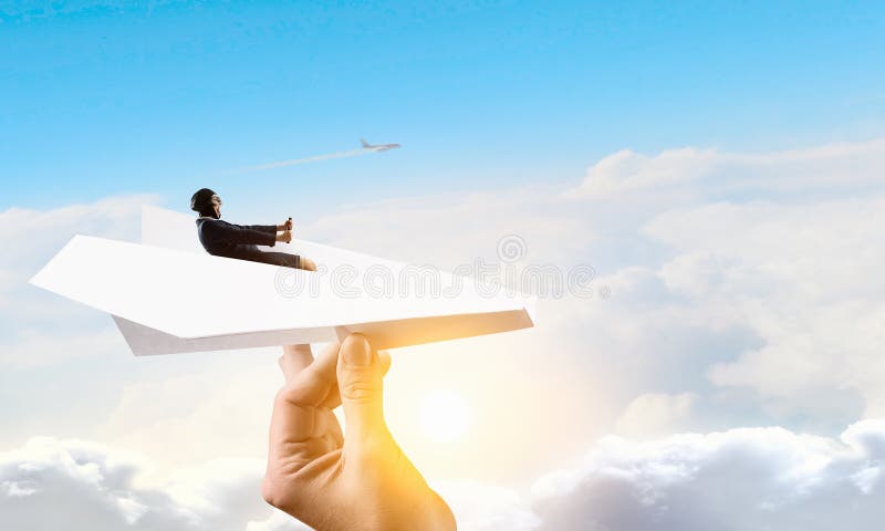 Woman Pilot in Paper Plane. Mixed Media Stock Image - Image of girl ...