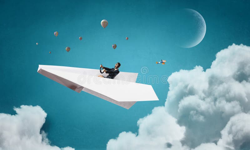 Woman Pilot in Paper Plane. Mixed Media Stock Photo - Image of smile ...
