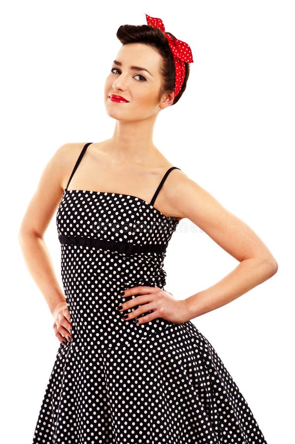 Romance. Styled Woman in Blue Retro Polka Dot Dress. Pin Up Style Stock ...