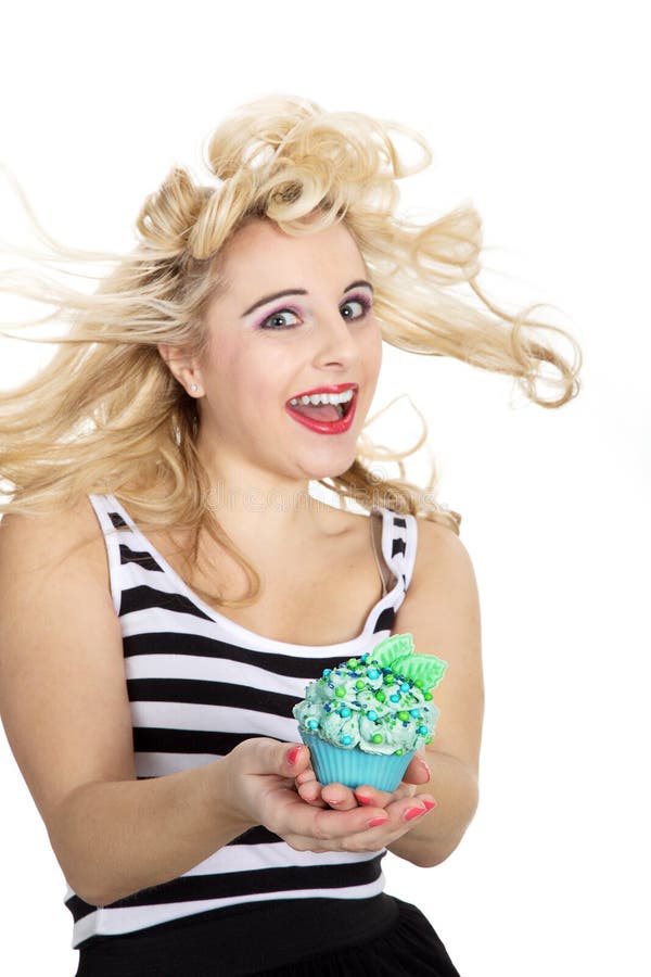 Woman in Pin Up Style and Cupcake Stock Photo - Image of candy, blue ...
