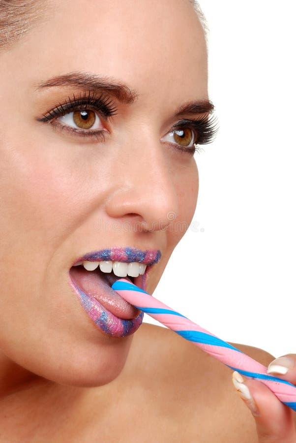 Woman with Pink and Blue Candy Stick Stock Photo - Image of face ...
