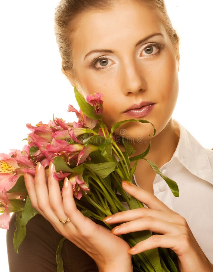 Woman with pink flowers stock image. Image of cosmetics - 39954207