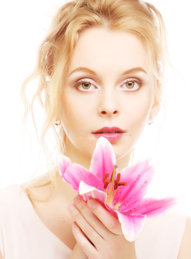 Woman with Pink Lily High-key Portrait Stock Image - Image of cosmetics ...