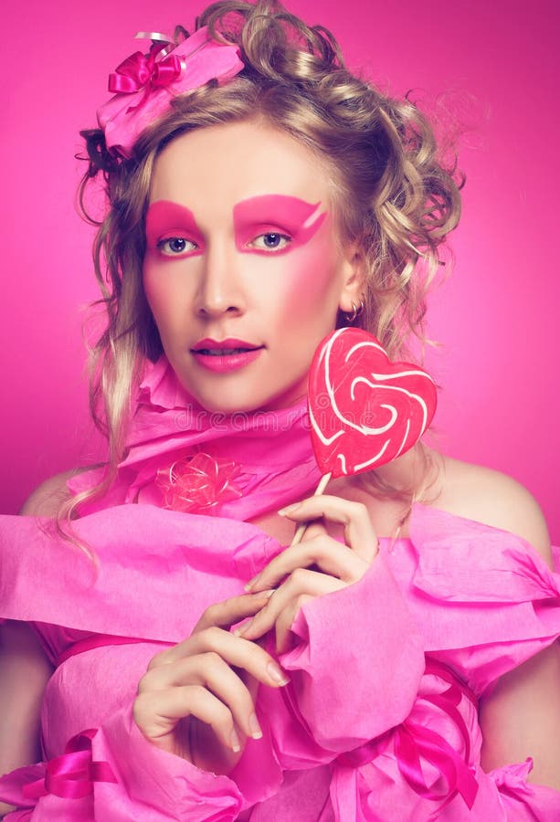 Woman in pink. stock image. Image of curly, makeup, beautiful - 40095377