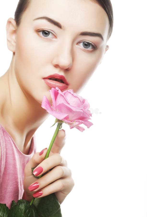 Woman with pink rose stock image. Image of nature, isolated - 38770579