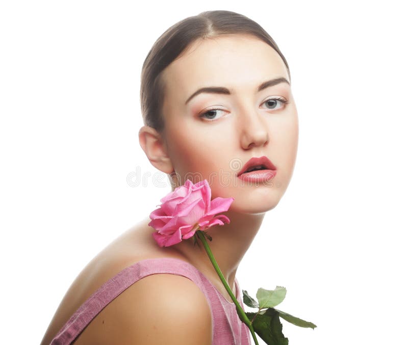 Woman with pink rose stock image. Image of beautiful - 45539939