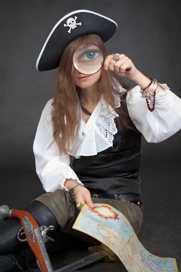 Woman-pirate with Sea Map and Magnifier Glass Stock Image - Image of ...