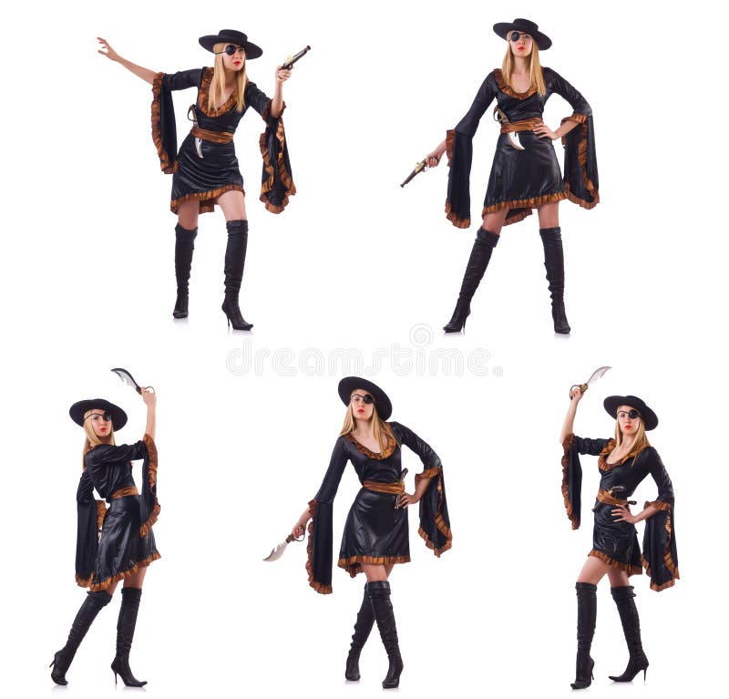 The Woman Pirate in Various Poses on White Stock Photo - Image of ...